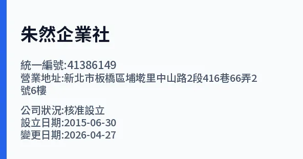 朱然企業社的照片-統編 41386149(新北市) 公司登記資料與營業項目詳細圖表