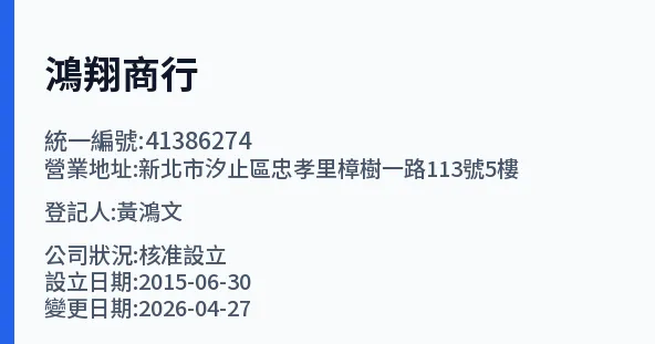鴻翔商行的照片-統編 41386274(新北市) 公司登記資料與營業項目詳細圖表