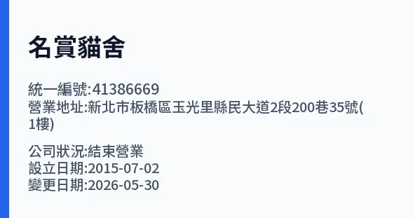 名賞貓舍的照片-統編 41386669(新北市) 公司登記資料與營業項目詳細圖表