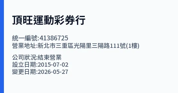 頂旺運動彩券行的照片-統編 41386725(新北市) 公司登記資料與營業項目詳細圖表
