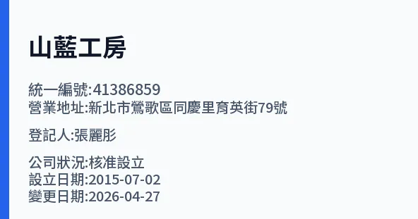 山藍工房的照片-統編 41386859(新北市) 公司登記資料與營業項目詳細圖表