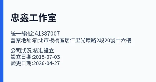 忠鑫工作室的照片-統編 41387007(新北市) 公司登記資料與營業項目詳細圖表