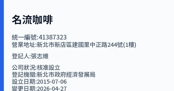 名流咖啡的照片-統編 41387323(新北市) 公司登記資料與營業項目詳細圖表