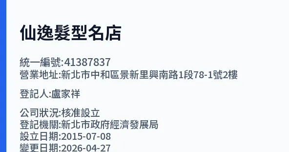 仙逸髮型名店的照片-統編 41387837(新北市) 公司登記資料與營業項目詳細圖表
