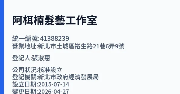 阿栮楠髮藝工作室的照片-統編 41388239(新北市) 公司登記資料與營業項目詳細圖表