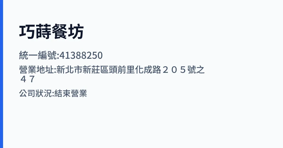 巧蒔餐坊 - 統編 41388250(新北市) 公司登記資料與營業項目詳細圖表