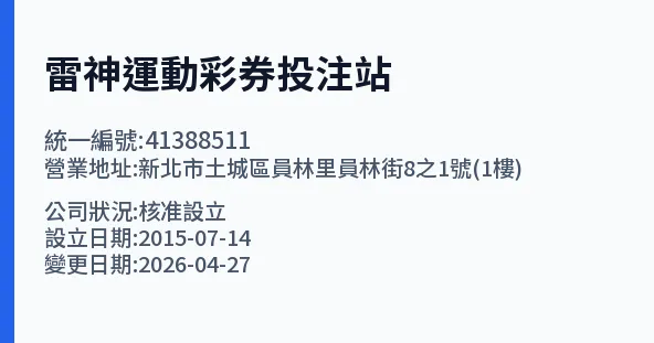 雷神運動彩券投注站的照片-統編 41388511(新北市) 公司登記資料與營業項目詳細圖表