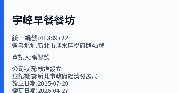 宇峰早餐餐坊的照片-統編 41389722(新北市) 公司登記資料與營業項目詳細圖表