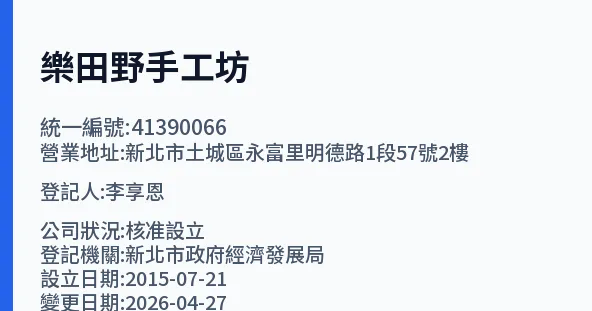 樂田野手工坊的照片-統編 41390066(新北市) 公司登記資料與營業項目詳細圖表
