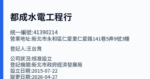 都成水電工程行的照片-統編 41390214(新北市) 公司登記資料與營業項目詳細圖表