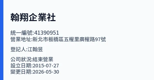 翰翔企業社的照片-統編 41390951(新北市) 公司登記資料與營業項目詳細圖表