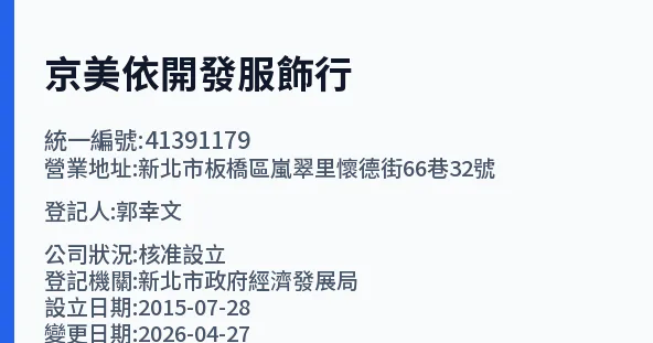 京美依開發服飾行的照片-統編 41391179(新北市) 公司登記資料與營業項目詳細圖表