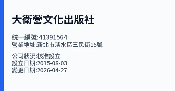 大衛營文化出版社的照片-統編 41391564(新北市) 公司登記資料與營業項目詳細圖表