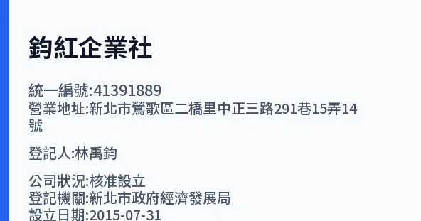 鈞紅企業社的照片-統編 41391889(新北市) 公司登記資料與營業項目詳細圖表