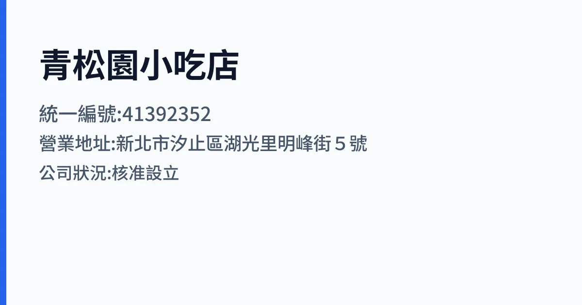 青松園小吃店 - 統編 41392352(新北市) 公司登記資料與營業項目詳細圖表