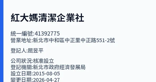 紅大媽清潔企業社的照片-統編 41392775(新北市) 公司登記資料與營業項目詳細圖表