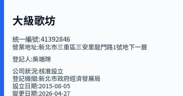 大級歌坊的照片-統編 41392846(新北市) 公司登記資料與營業項目詳細圖表