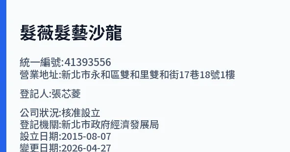 髮薇髮藝沙龍的照片-統編 41393556(新北市) 公司登記資料與營業項目詳細圖表