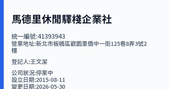 馬德里休閒驛棧企業社的照片-統編 41393943(新北市) 公司登記資料與營業項目詳細圖表