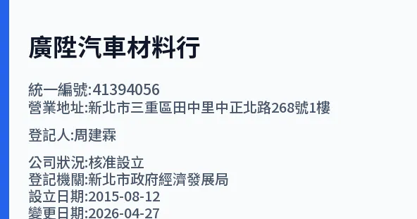 廣陞汽車材料行的照片-統編 41394056(新北市) 公司登記資料與營業項目詳細圖表