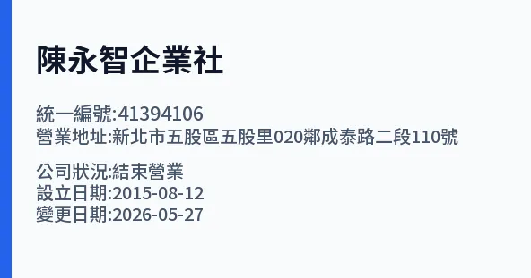 陳永智企業社的照片-統編 41394106(新北市) 公司登記資料與營業項目詳細圖表
