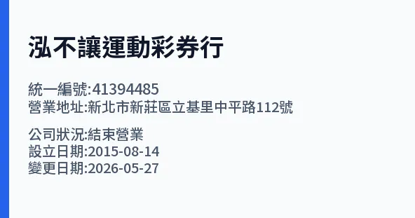 泓不讓運動彩券行的照片-統編 41394485(新北市) 公司登記資料與營業項目詳細圖表