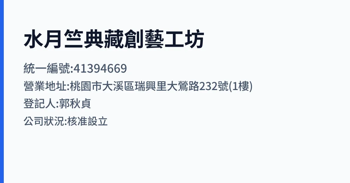 水月竺典藏創藝工坊 - 統編 41394669(桃園市) 公司登記資料與營業項目詳細圖表