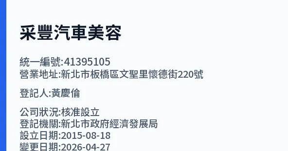 采豐汽車美容的照片-統編 41395105(新北市) 公司登記資料與營業項目詳細圖表