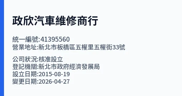 政欣汽車維修商行的照片-統編 41395560(新北市) 公司登記資料與營業項目詳細圖表