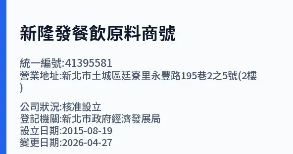 新隆發餐飲原料商號的照片-統編 41395581(新北市) 公司登記資料與營業項目詳細圖表