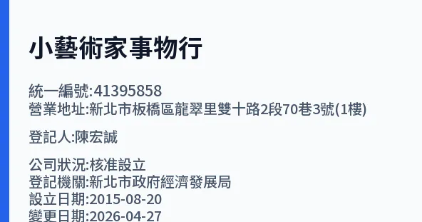 小藝術家事物行的照片-統編 41395858(新北市) 公司登記資料與營業項目詳細圖表