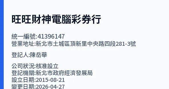 旺旺財神電腦彩券行的照片-統編 41396147(新北市) 公司登記資料與營業項目詳細圖表