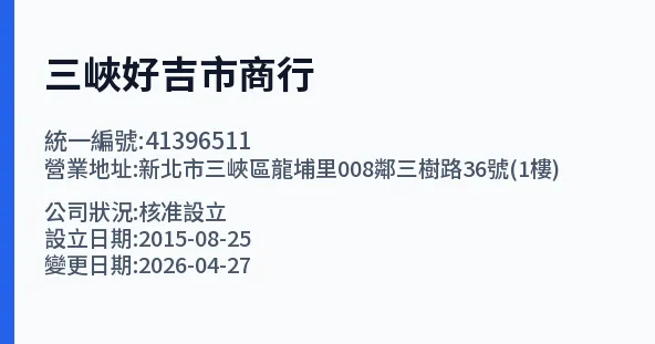 三峽好吉市商行的照片-統編 41396511(新北市) 公司登記資料與營業項目詳細圖表