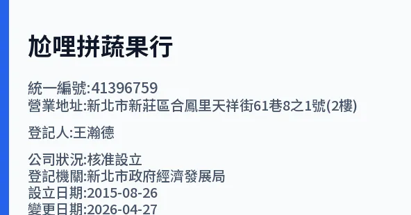 尬哩拼蔬果行的照片-統編 41396759(新北市) 公司登記資料與營業項目詳細圖表