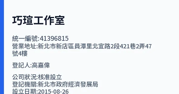 巧瑄工作室的照片-統編 41396815(新北市) 公司登記資料與營業項目詳細圖表