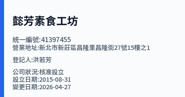 懿芳素食工坊的照片-統編 41397455(新北市) 公司登記資料與營業項目詳細圖表