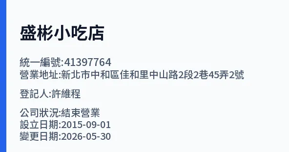 盛彬小吃店的照片-統編 41397764(新北市) 公司登記資料與營業項目詳細圖表