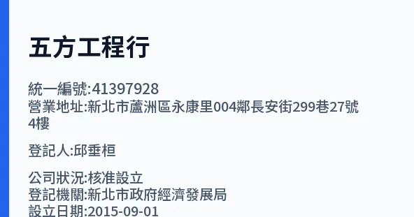 五方工程行的照片-統編 41397928(新北市) 公司登記資料與營業項目詳細圖表