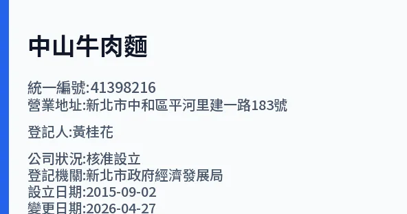 中山牛肉麵的照片-統編 41398216(新北市) 公司登記資料與營業項目詳細圖表