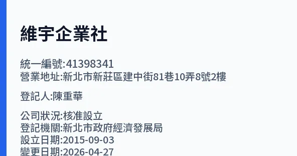 維宇企業社的照片-統編 41398341(新北市) 公司登記資料與營業項目詳細圖表