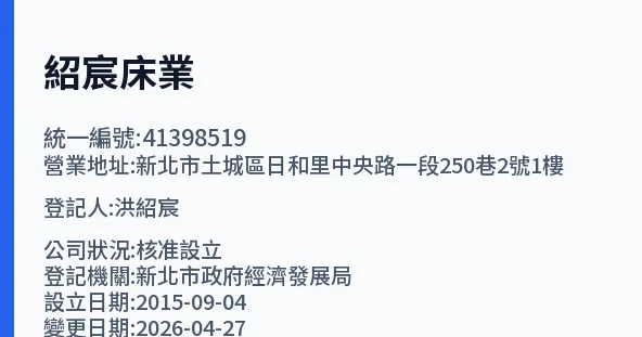 紹宸床業的照片-統編 41398519(新北市) 公司登記資料與營業項目詳細圖表