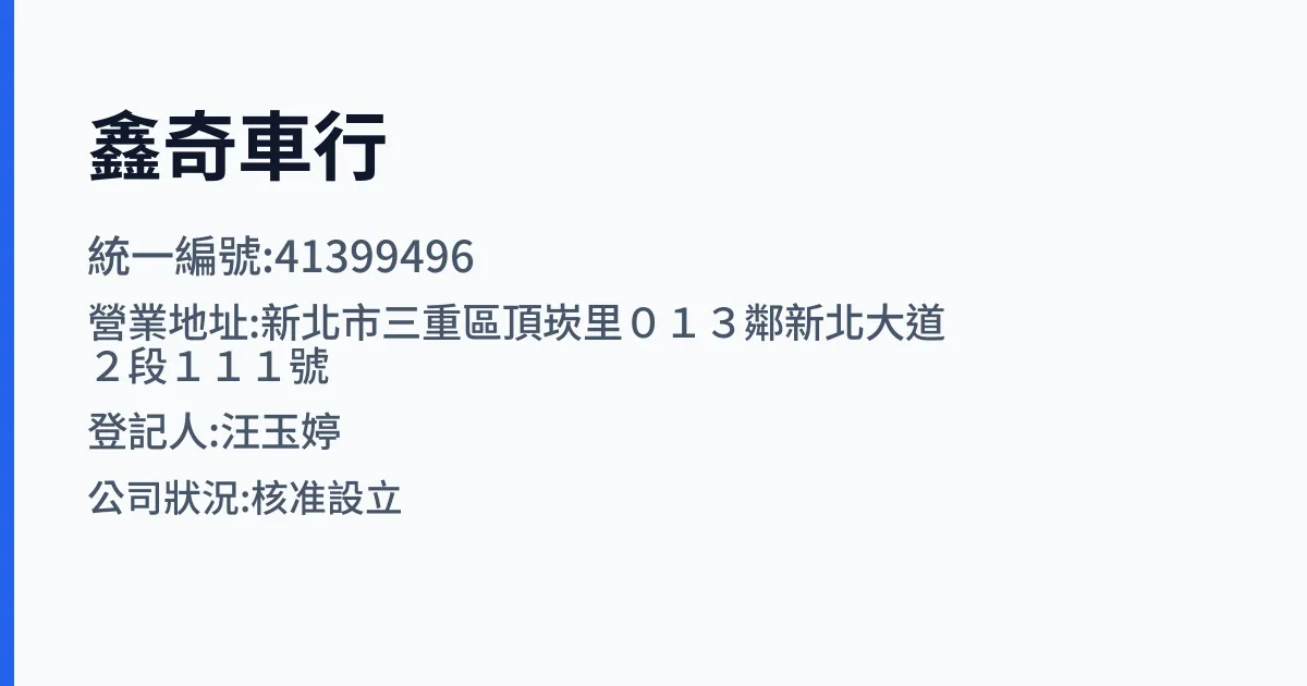 鑫奇車行 - 統編 41399496(新北市) 公司登記資料與營業項目詳細圖表