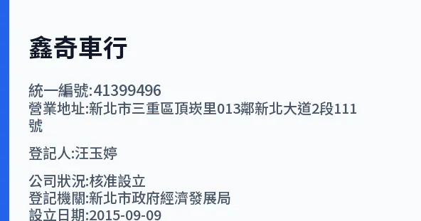 鑫奇車行的照片-統編 41399496(新北市) 公司登記資料與營業項目詳細圖表