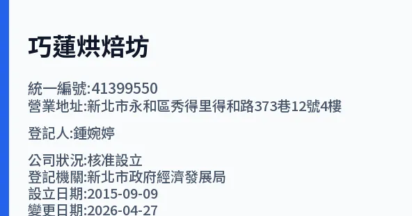 巧蓮烘焙坊的照片-統編 41399550(新北市) 公司登記資料與營業項目詳細圖表