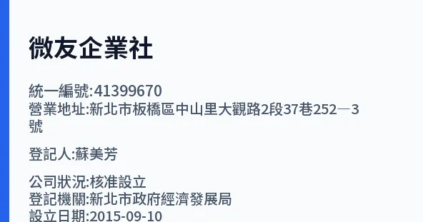 微友企業社的照片-統編 41399670(新北市) 公司登記資料與營業項目詳細圖表