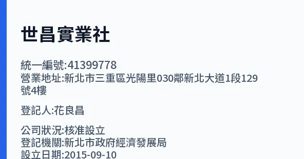 世昌實業社的照片-統編 41399778(新北市) 公司登記資料與營業項目詳細圖表
