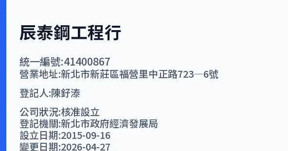 辰泰鋼工程行的照片-統編 41400867(新北市) 公司登記資料與營業項目詳細圖表