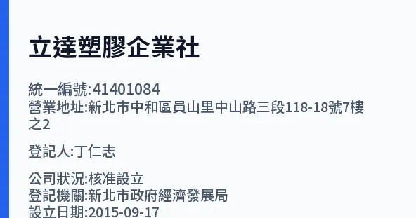 立達塑膠企業社的照片-統編 41401084(新北市) 公司登記資料與營業項目詳細圖表