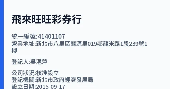 飛來旺旺彩券行的照片-統編 41401107(新北市) 公司登記資料與營業項目詳細圖表