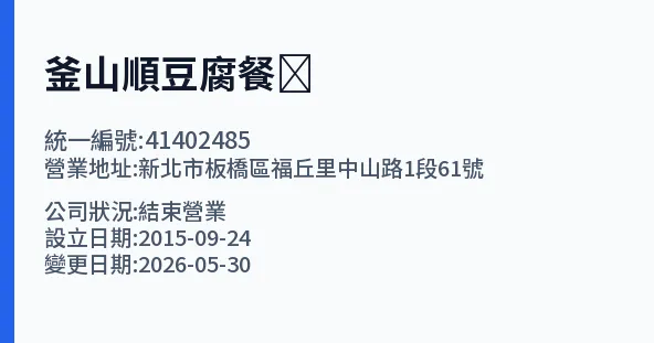 釜山順豆腐餐廰的照片-統編 41402485(新北市) 公司登記資料與營業項目詳細圖表